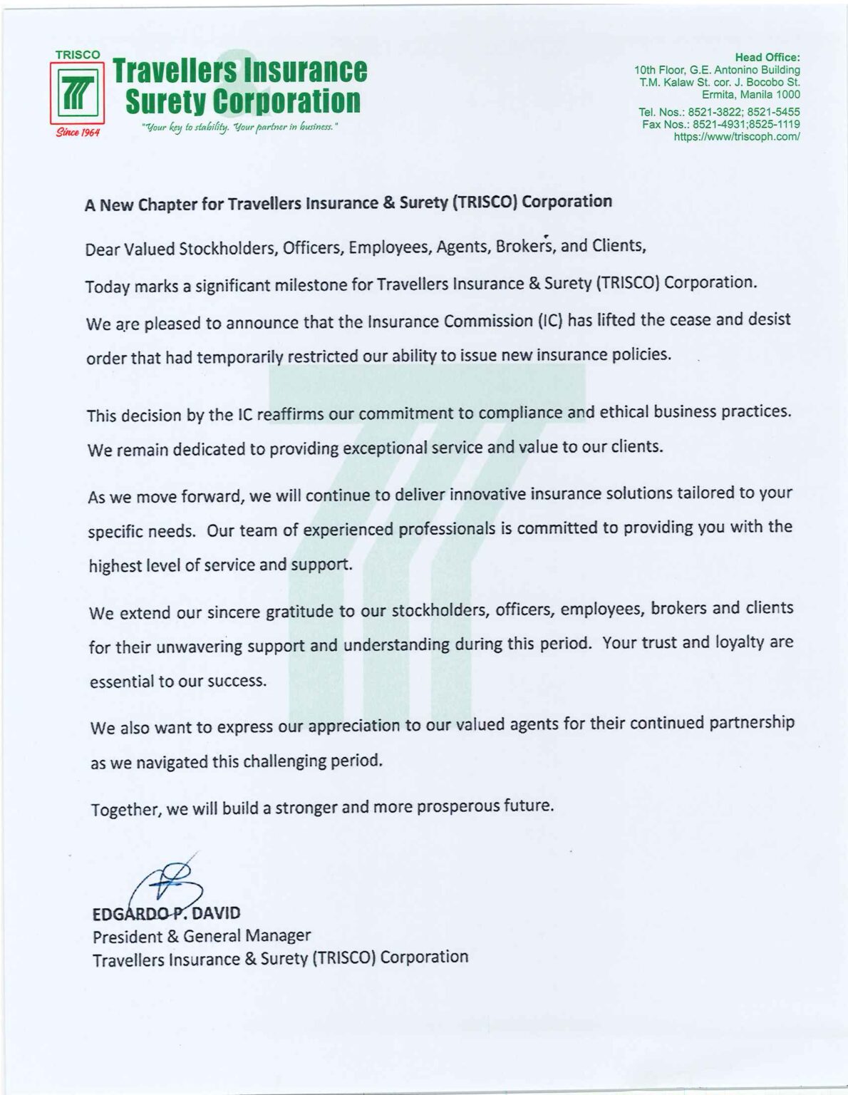 A NEW CHAPTER FOR TRAVELLERS INSURANCE & SURETY (TRISCO) CORPORATION ...
