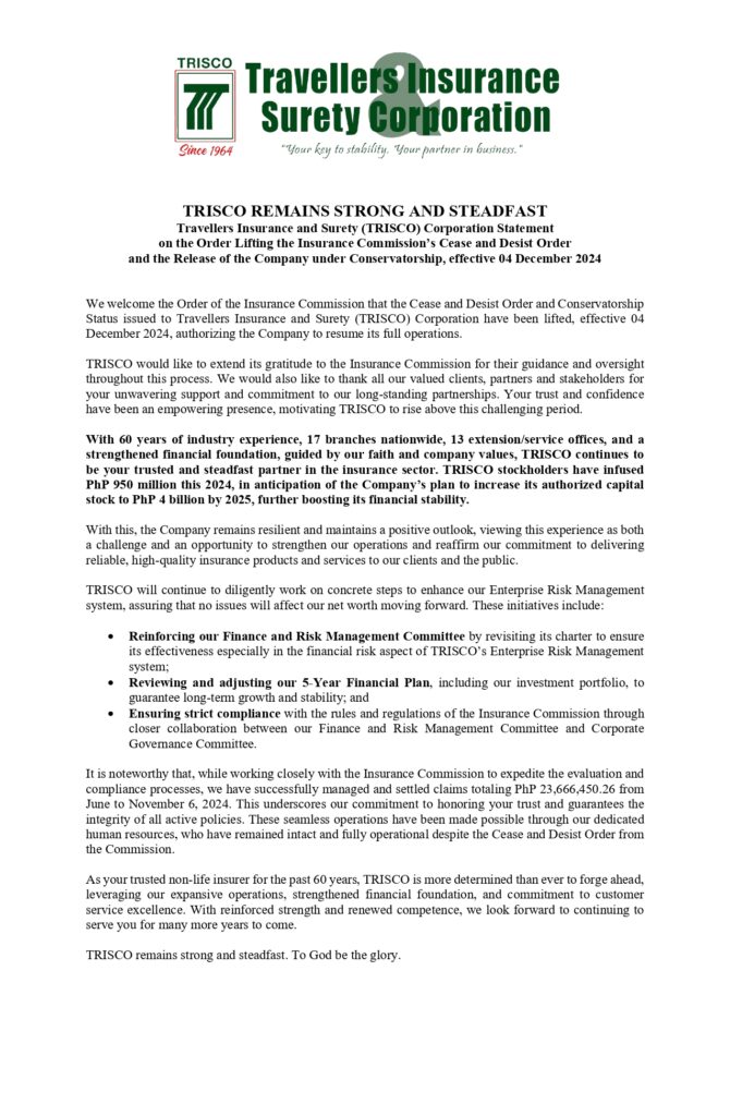 TRISCO REMAINS STRONG AND STEADFAST — Travellers Insurance & Surerty Corp.